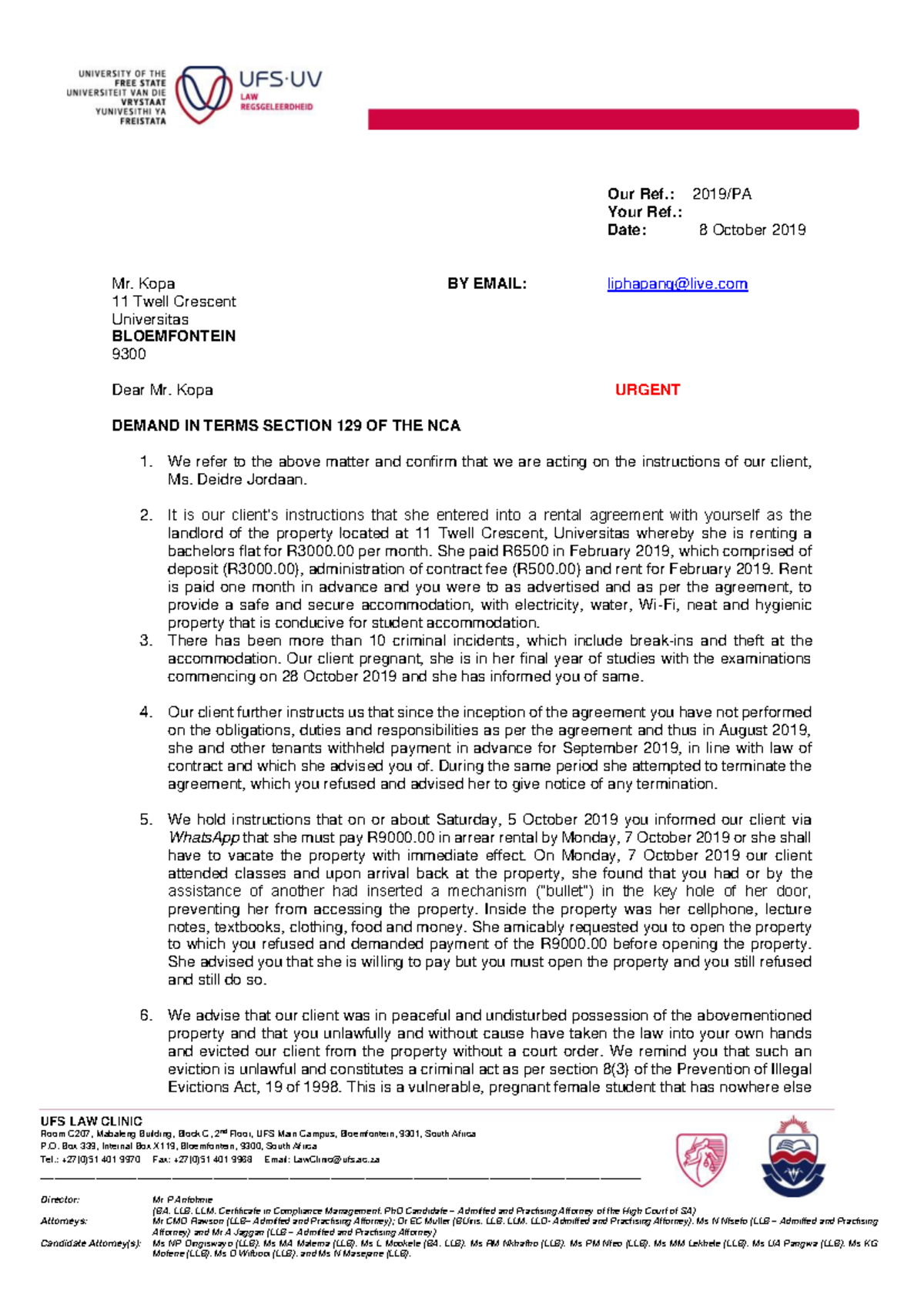Mv S - Letter of Demand - 2023 - UFS LAW CLINIC Room C207, Mabaleng ...