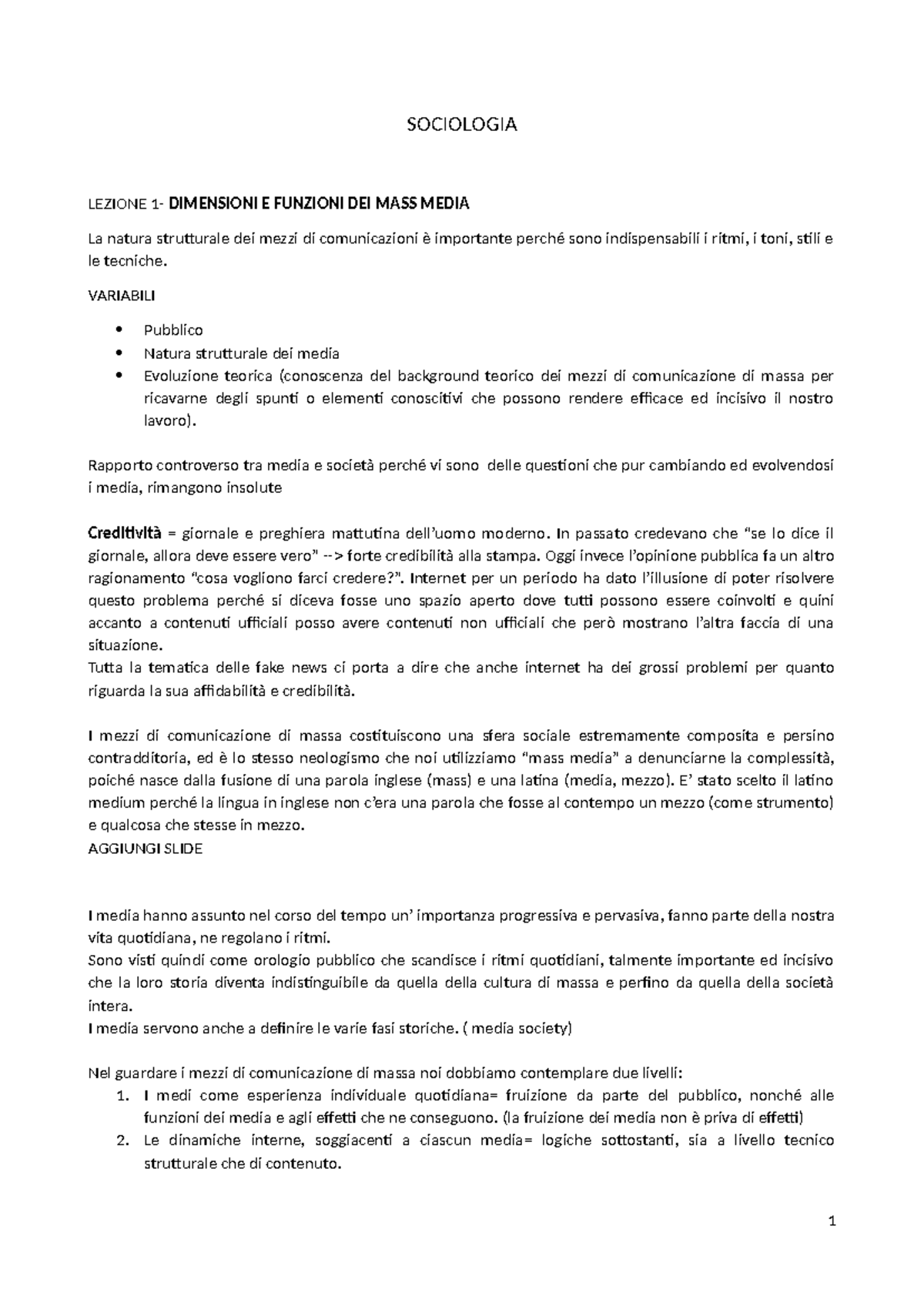 Sociologia delle comunicazioni - SOCIOLOGIA LEZIONE 1- DIMENSIONI E ...