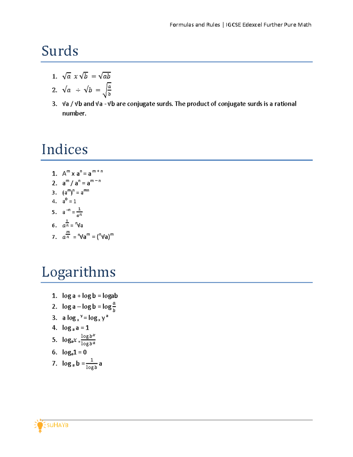 Igcse-Further-Pure-Mathematics Notes - Surds 1. √ √ √ 2. √ √ √ 3. √a ...