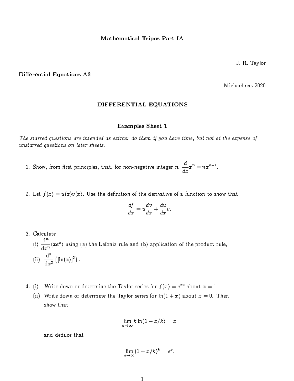 DE1 - Practice Sheets - Mathematical Tripos Part IA J. R. Taylor ...