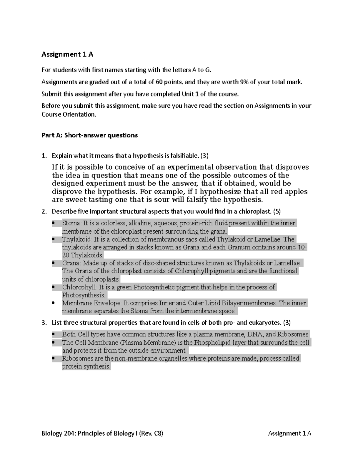 Unit 1 BIO assignment - Assignment 1 A For students with first names ...