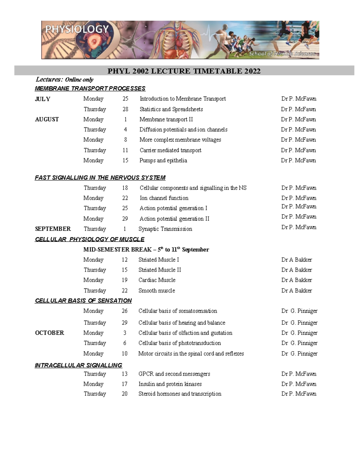 PHYL 2002 Timetable - PHYL 2002 LECTURE TIMETABLE 2022 Lectures: Online ...
