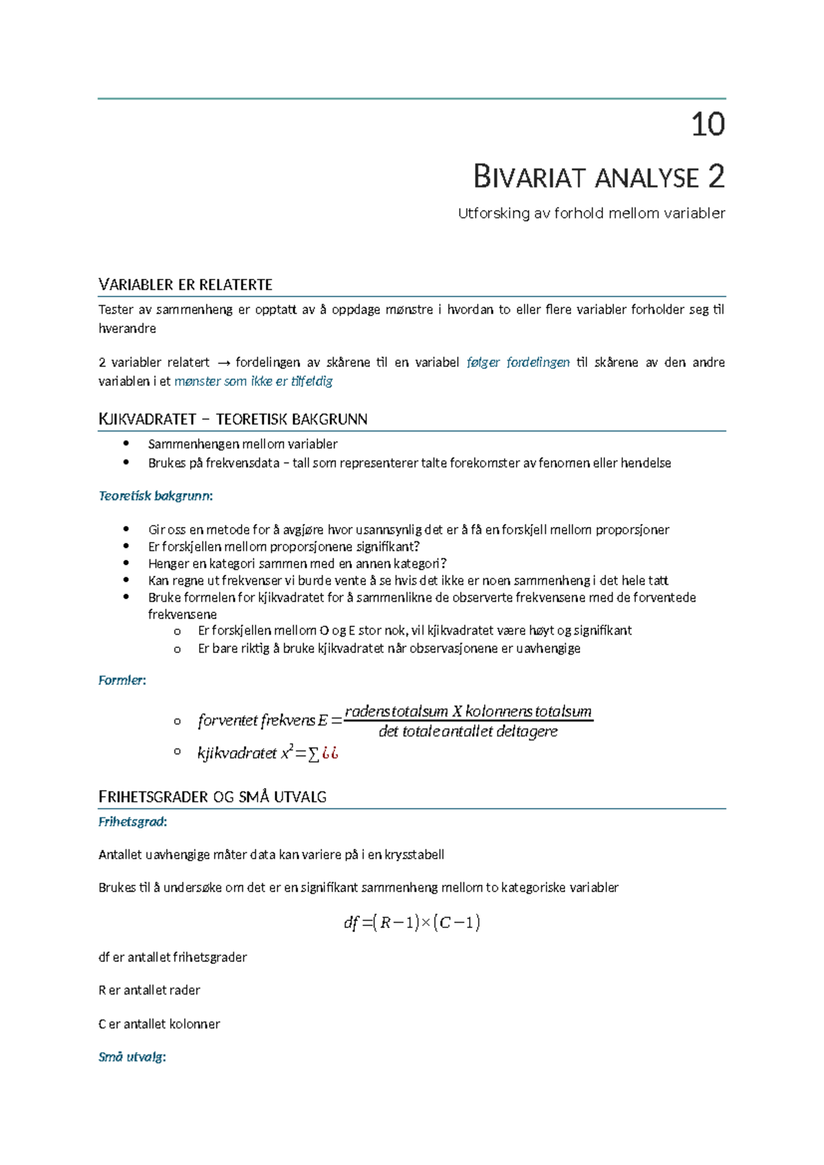 10 - Notater bivariat analyse - 10 BIVARIAT ANALYSE 2 Utforsking av ...