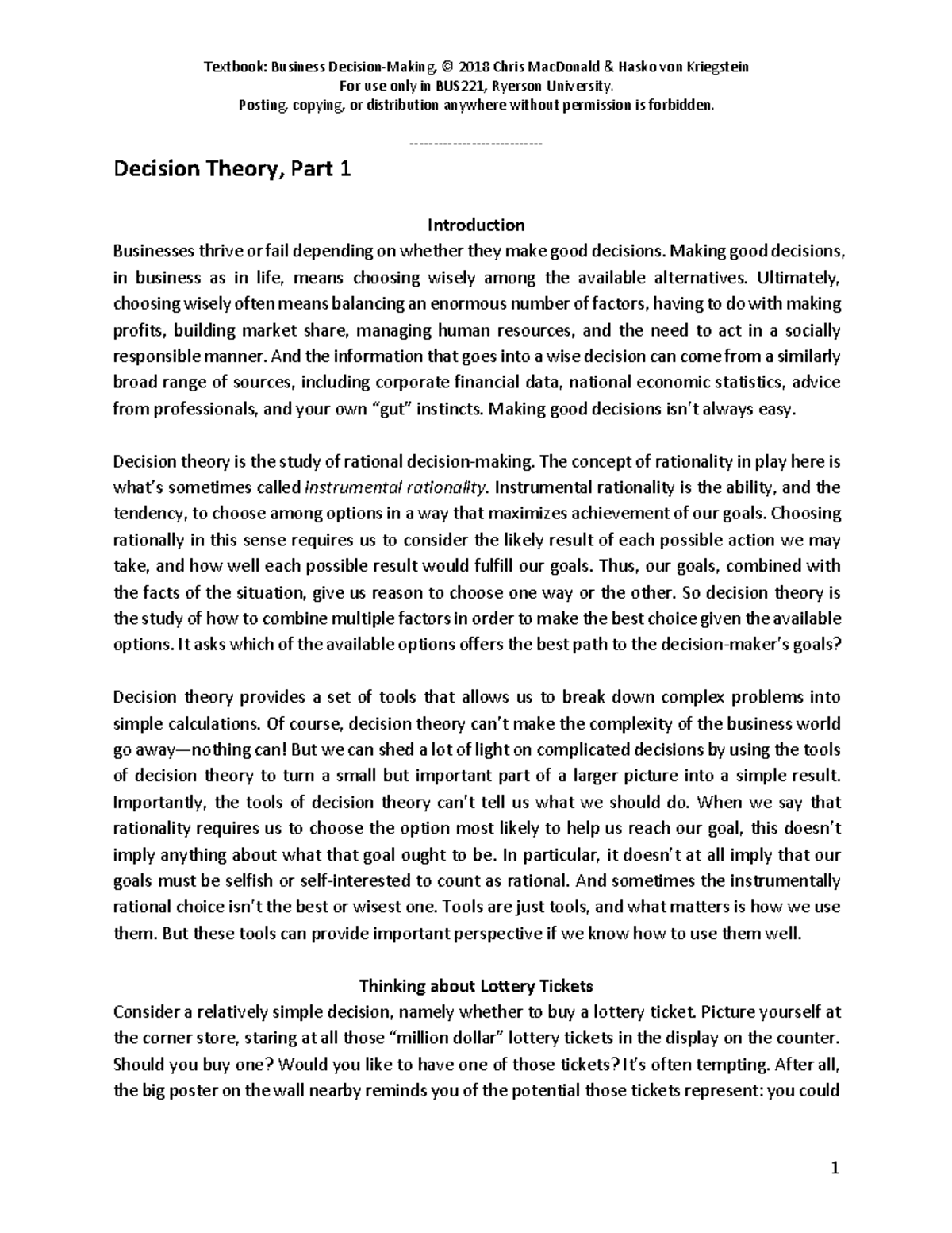 Decision Theory Part 1 - For use only in BUS221, Ryerson University ...