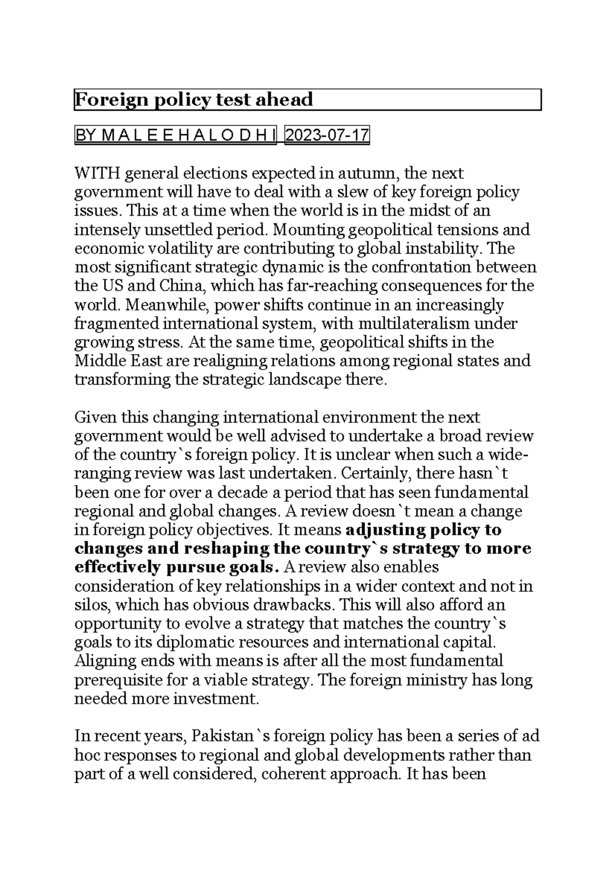 Foreign policy - need material - Foreign policy test ahead BY M A L E E ...