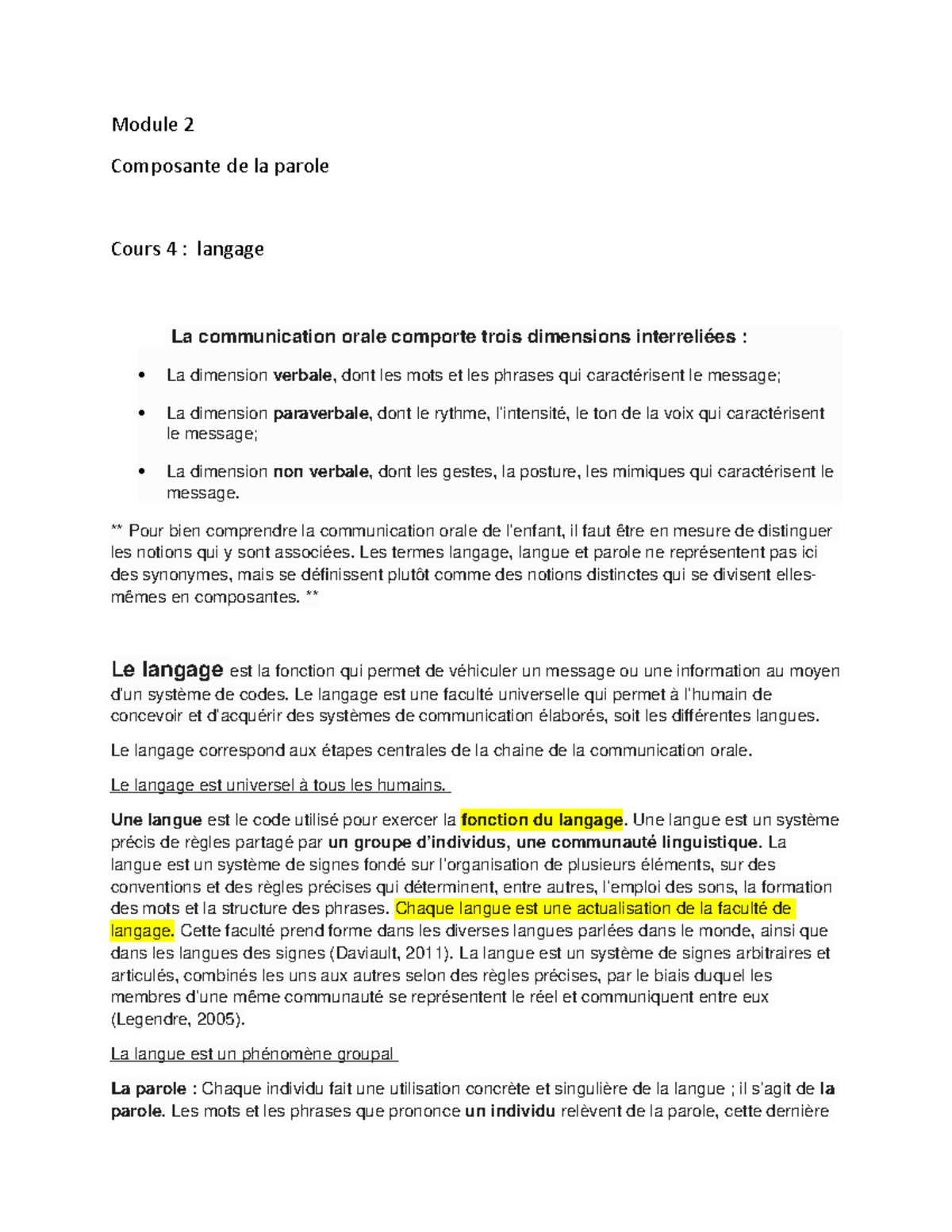Cours 4 langage cours 5 parole - Module 2 Composante de la parole Cours ...