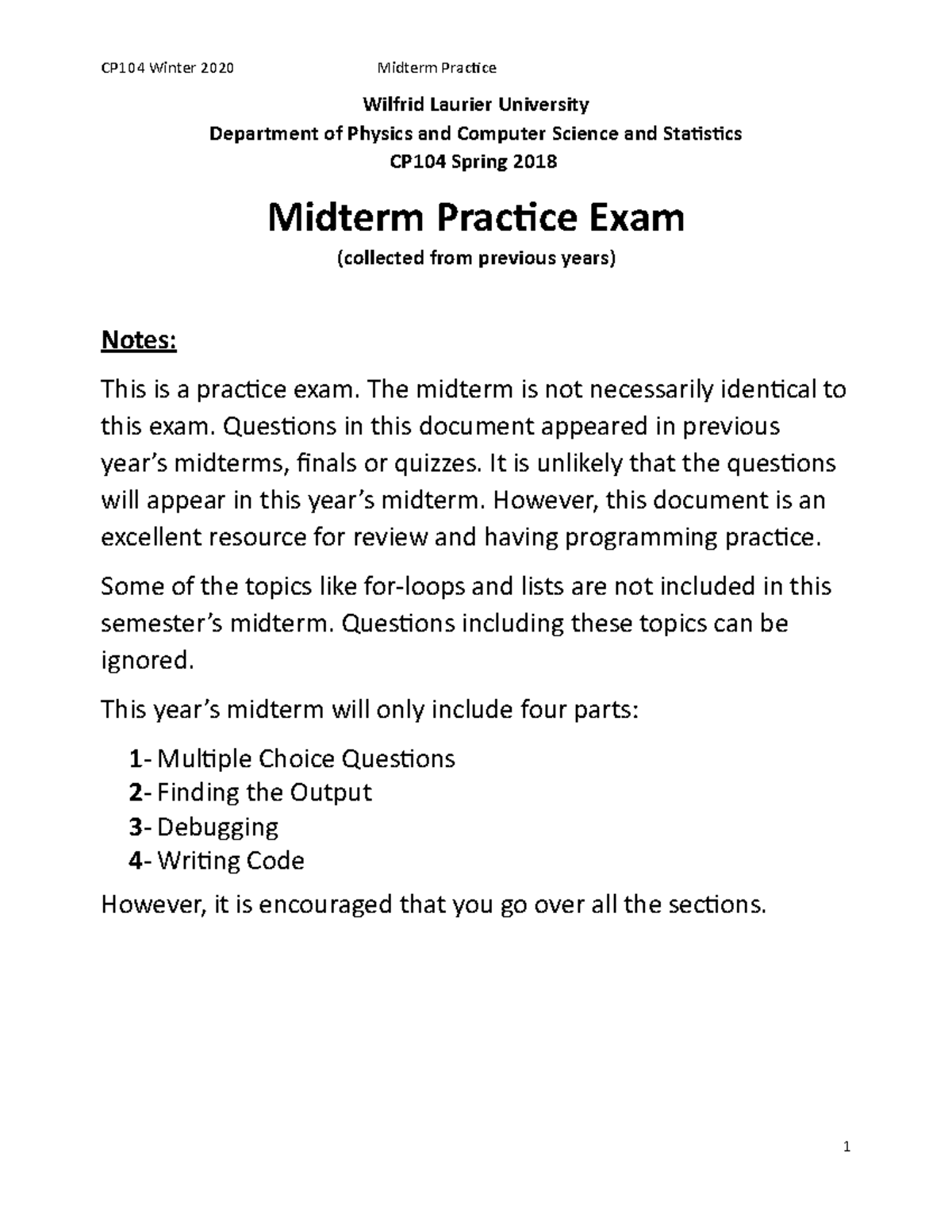 Sample/practice exam 3 March, questions and answers - Wilfrid Laurier University Department of ...