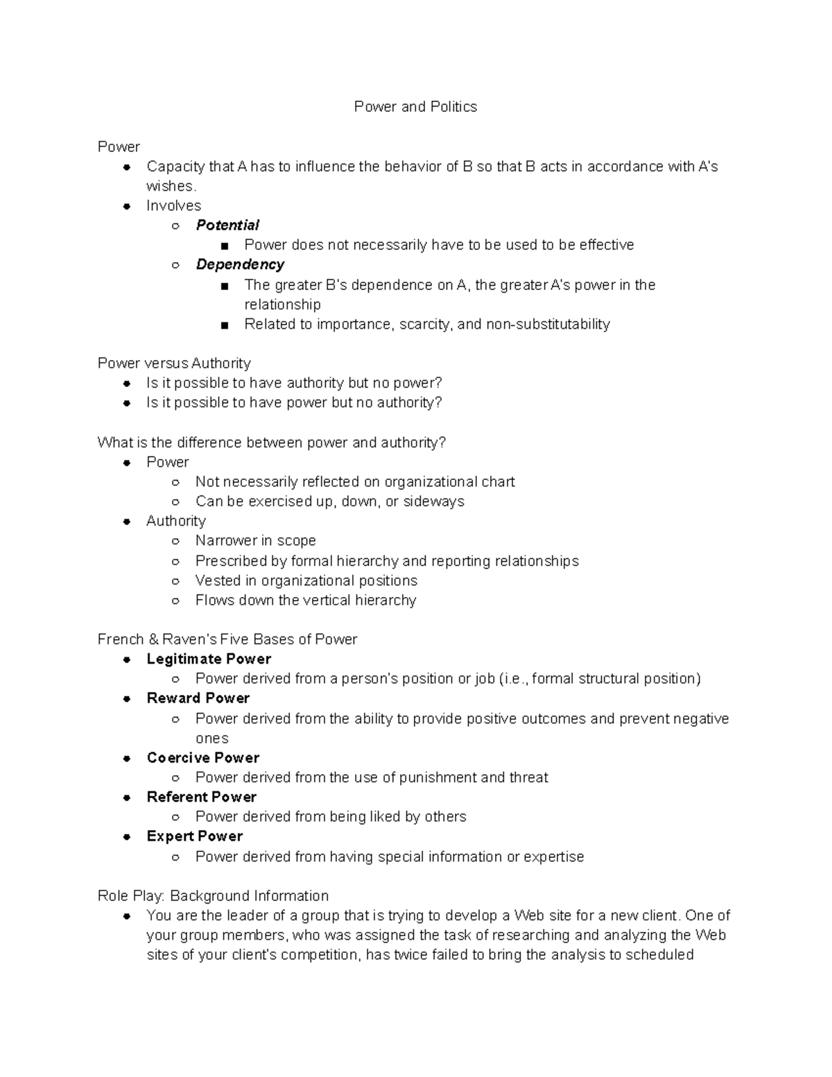Power and Politics - Power and Politics Power Capacity that A has to ...