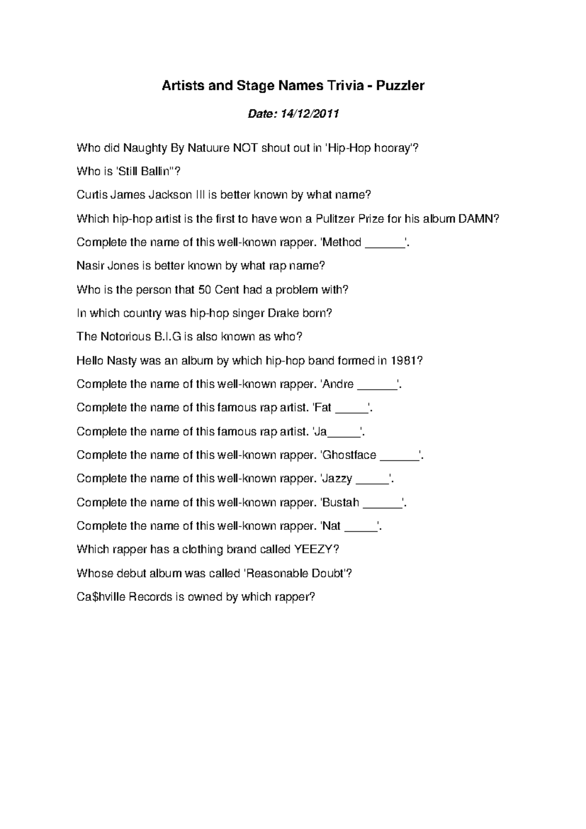 Artists and Stage Names Trivia Puzzler 33 - Artists and Stage Names ...