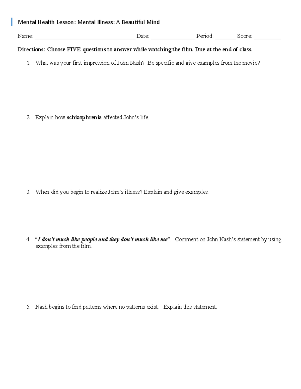 A Beautiful Mind Worksheet - Mental Health Lesson: Mental Illness: A ...