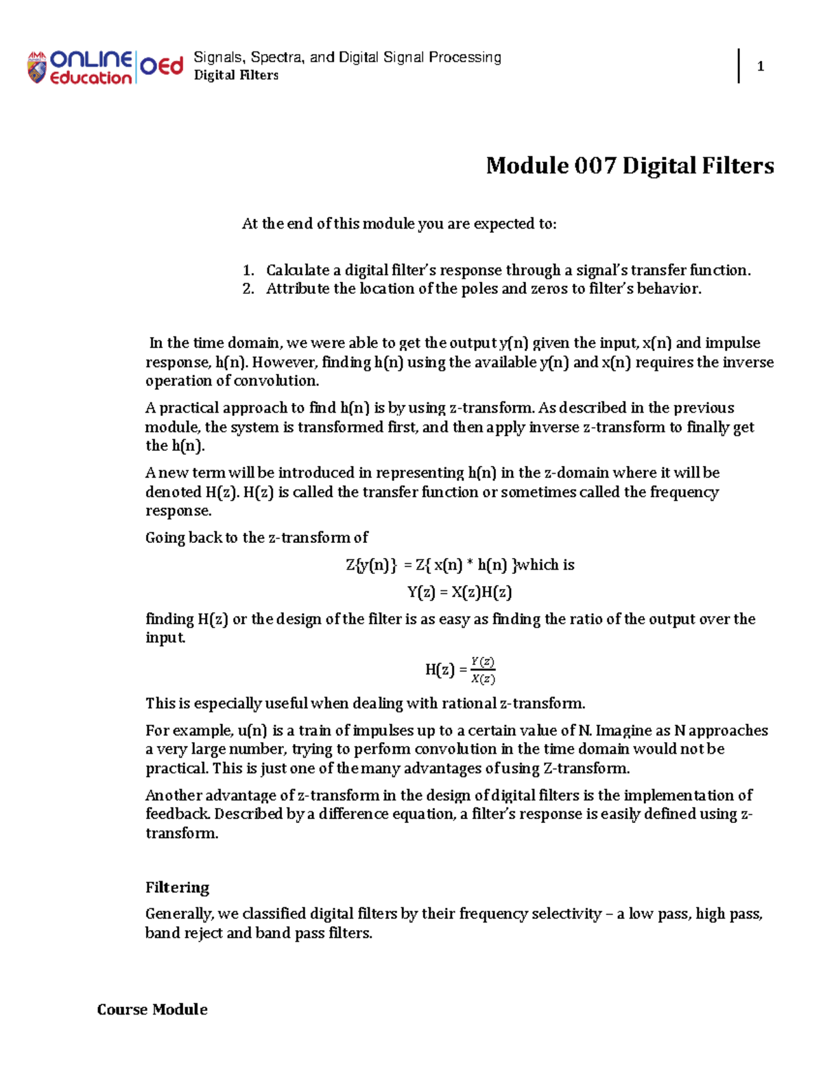 W9 Lesson 7 - Digital Filters - Module - Signals, Spectra, and Digital Signal Processing Digital ...