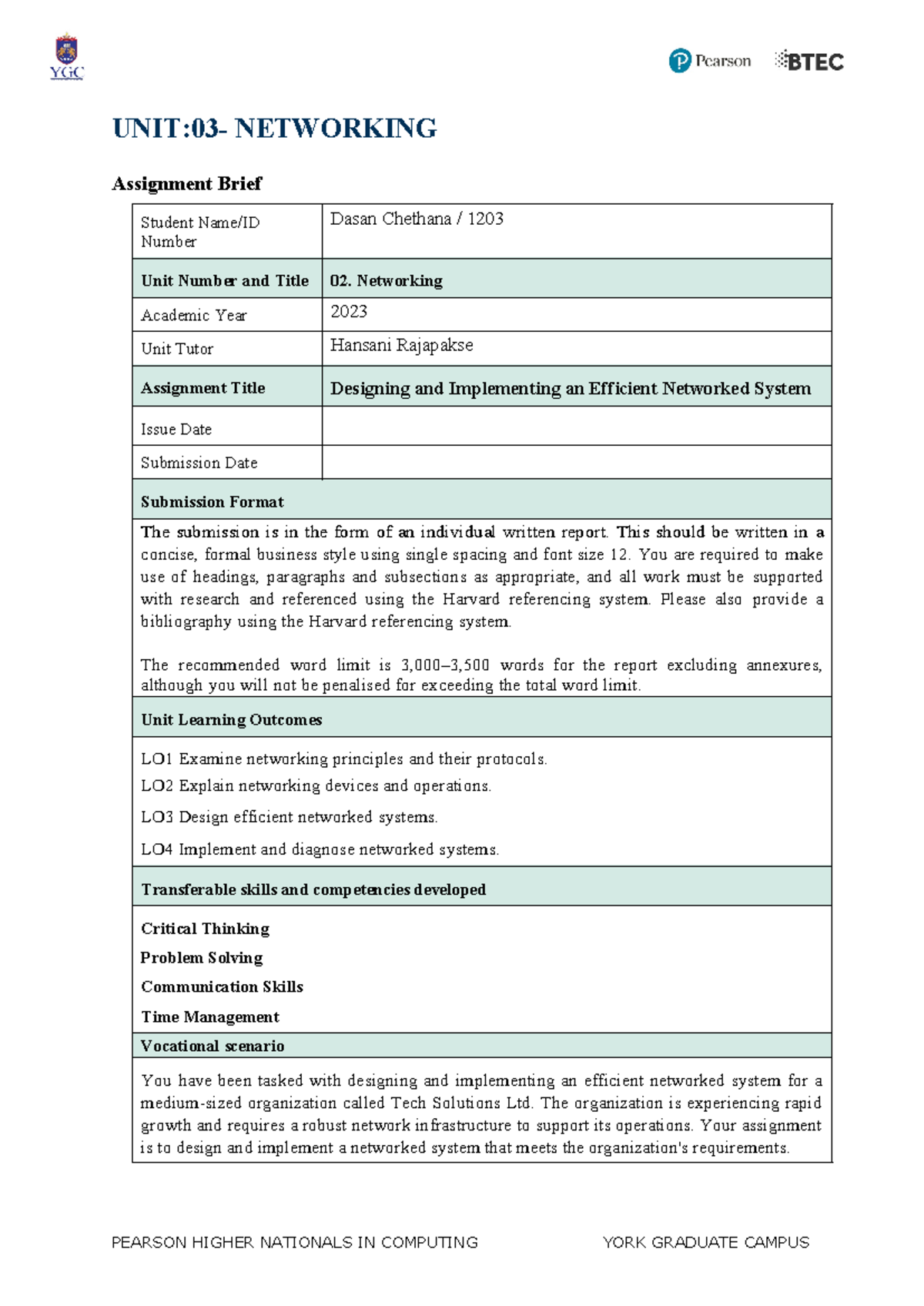 Networking by Dasan Chethana - UNIT:03- NETWORKING Assignment Brief Student Name/ID Number Dasan ...