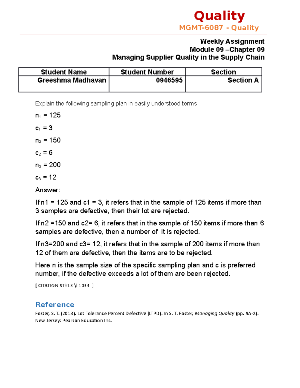 Module 09 - Chapter 09 - Problem 12 - Sampling PLAN - Quality Weekly ...