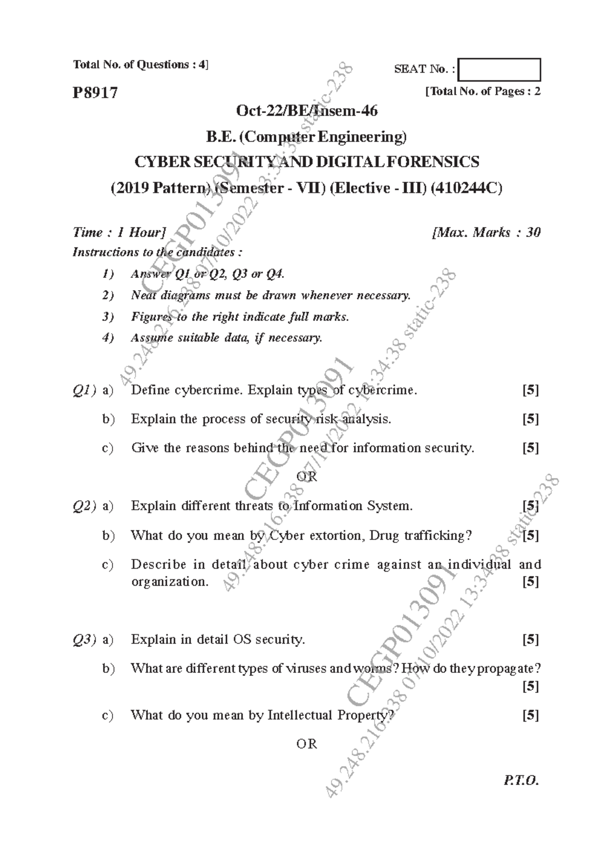 Insem Cyber Security AND Digital Forensics Question Papers - Total No ...