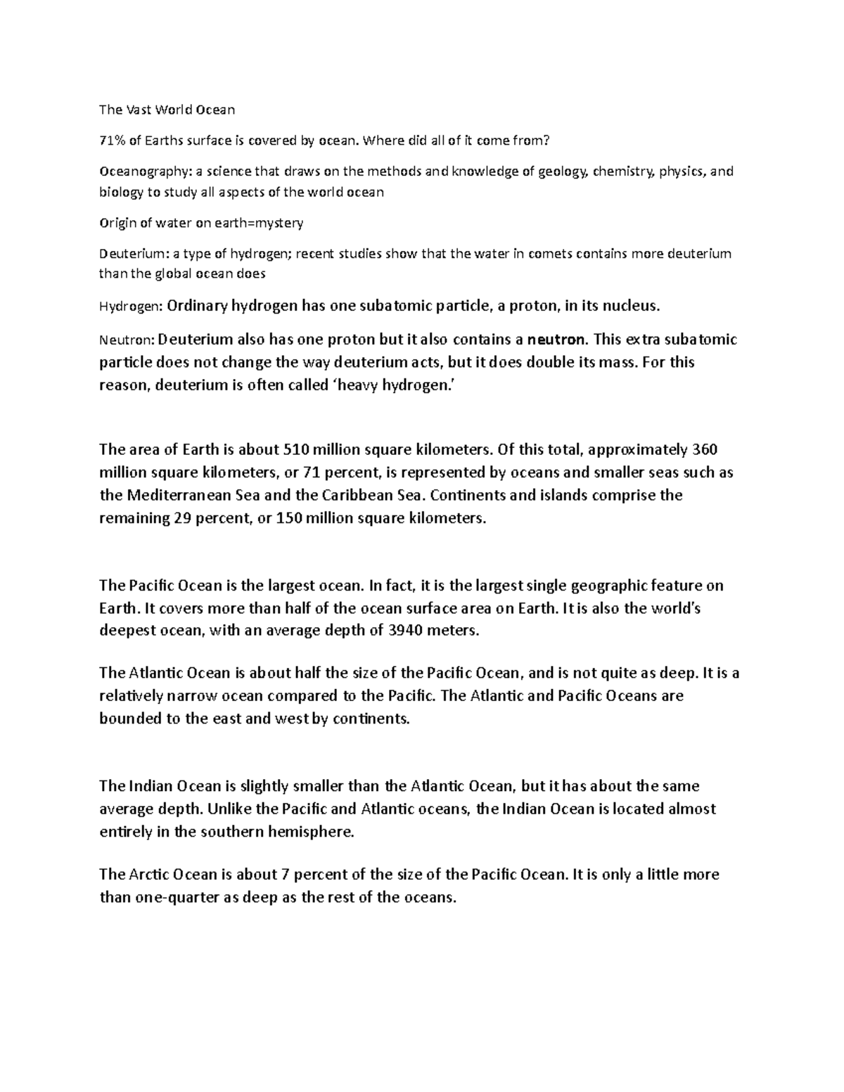 Earth Sci Notes Quarter 3 - The Vast World Ocean 71% of Earths surface ...