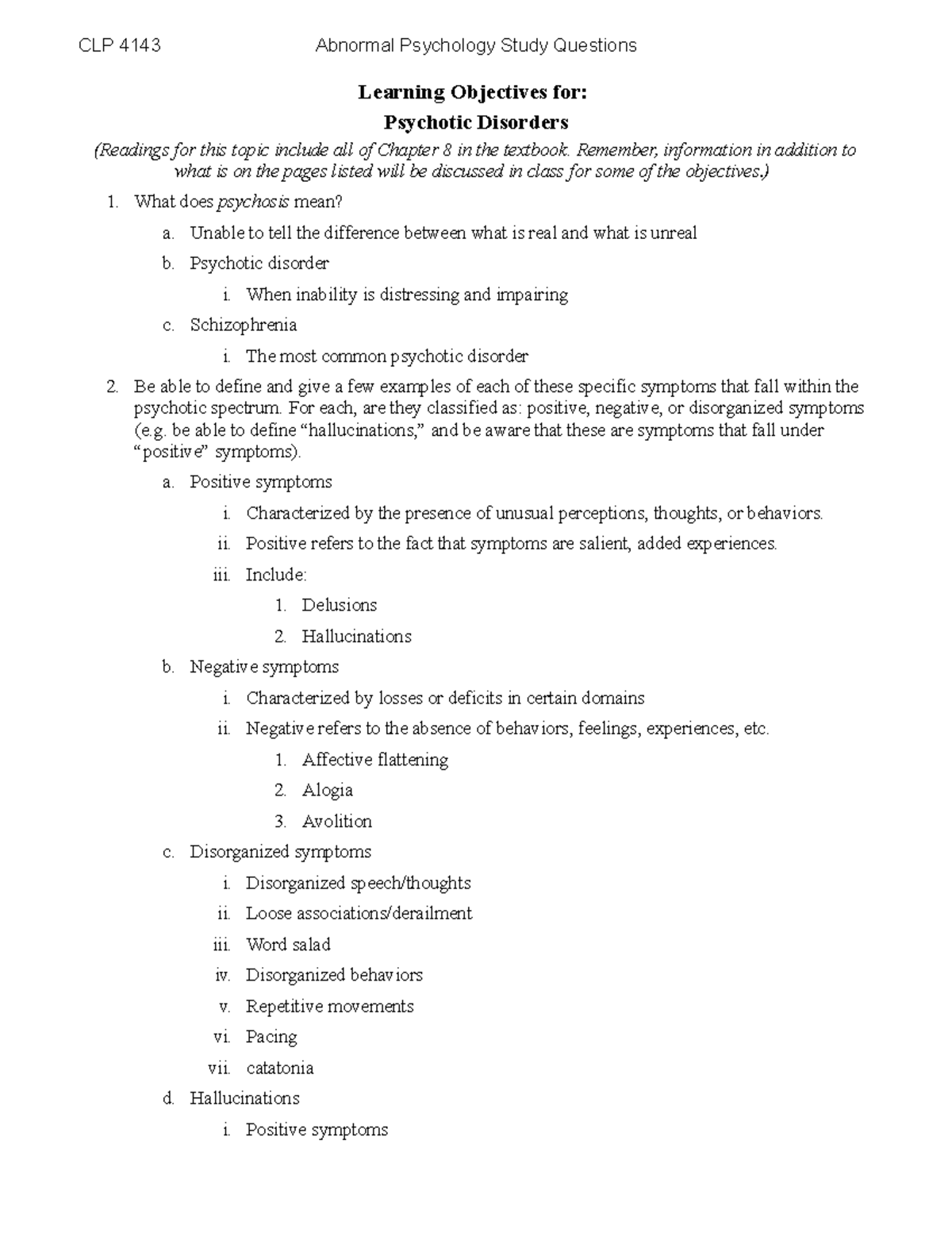 Psychotic Disorders LOs - CLP 4143 Abnormal Psychology Study Questions ...