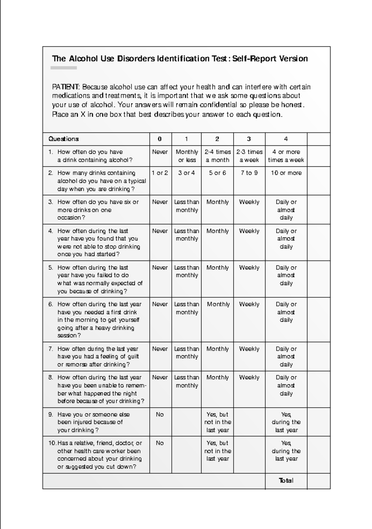 Alcohol Use Disorders Identification Test ( Audit) - 0 1 2 3 4 The ...