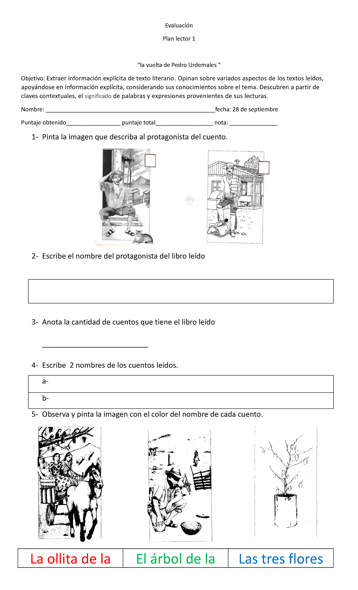 Pedro urdemales - evaluacion - Evaluación Plan lector 1 “la vuelta de ...