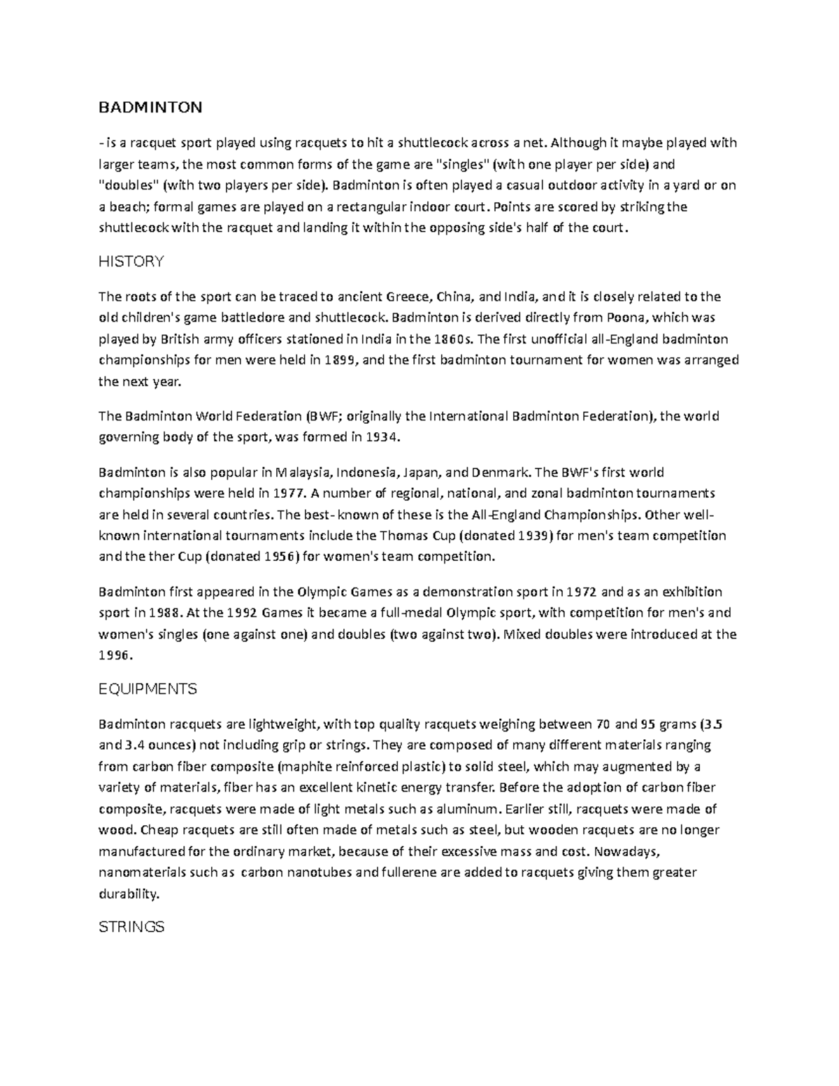 Badminton-WPS Office - BADMINTON is a racquet sport played using ...