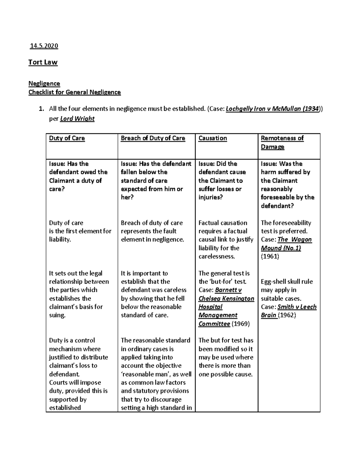 Checklist for Negligence 14 charts - 14. Tort Law Negligence Checklist ...