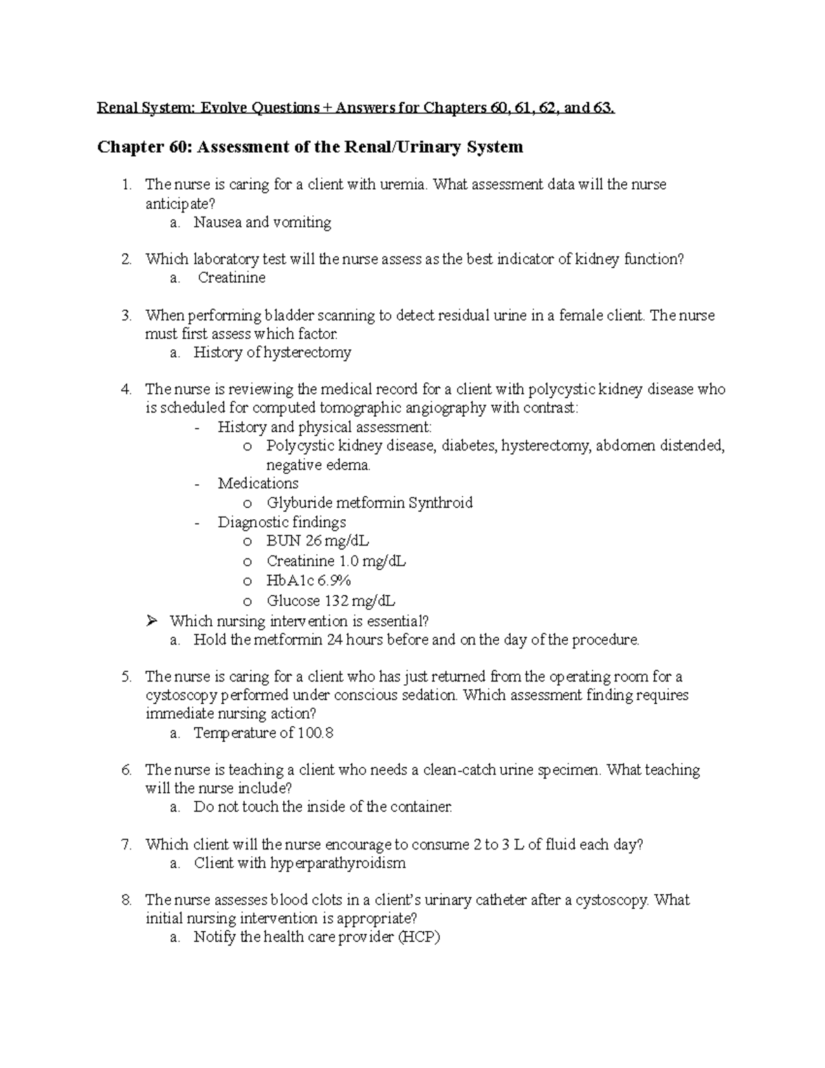 Renal System Evolve questions and answers med surg - Renal System ...