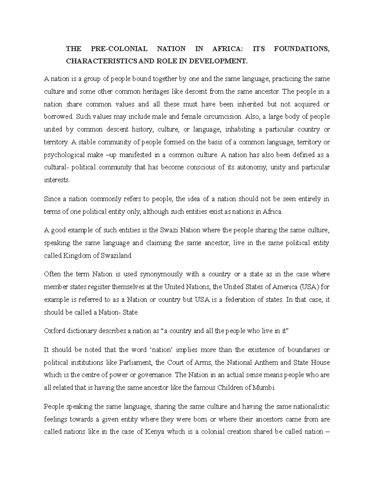 Notes ON PRE- Colonial Nation IN Africa - THE PRE-COLONIAL NATION IN ...