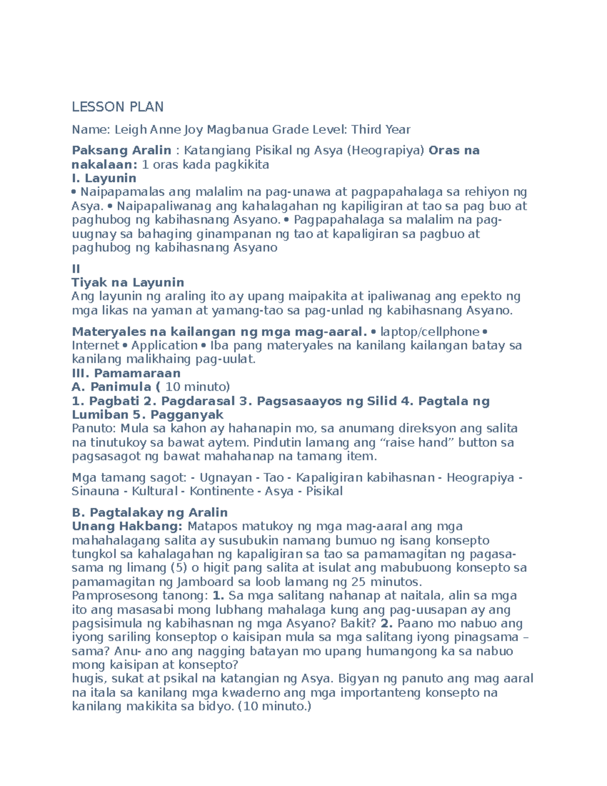 Lesson PLAN sample - LESSON PLAN Name: Leigh Anne Joy Magbanua Grade ...