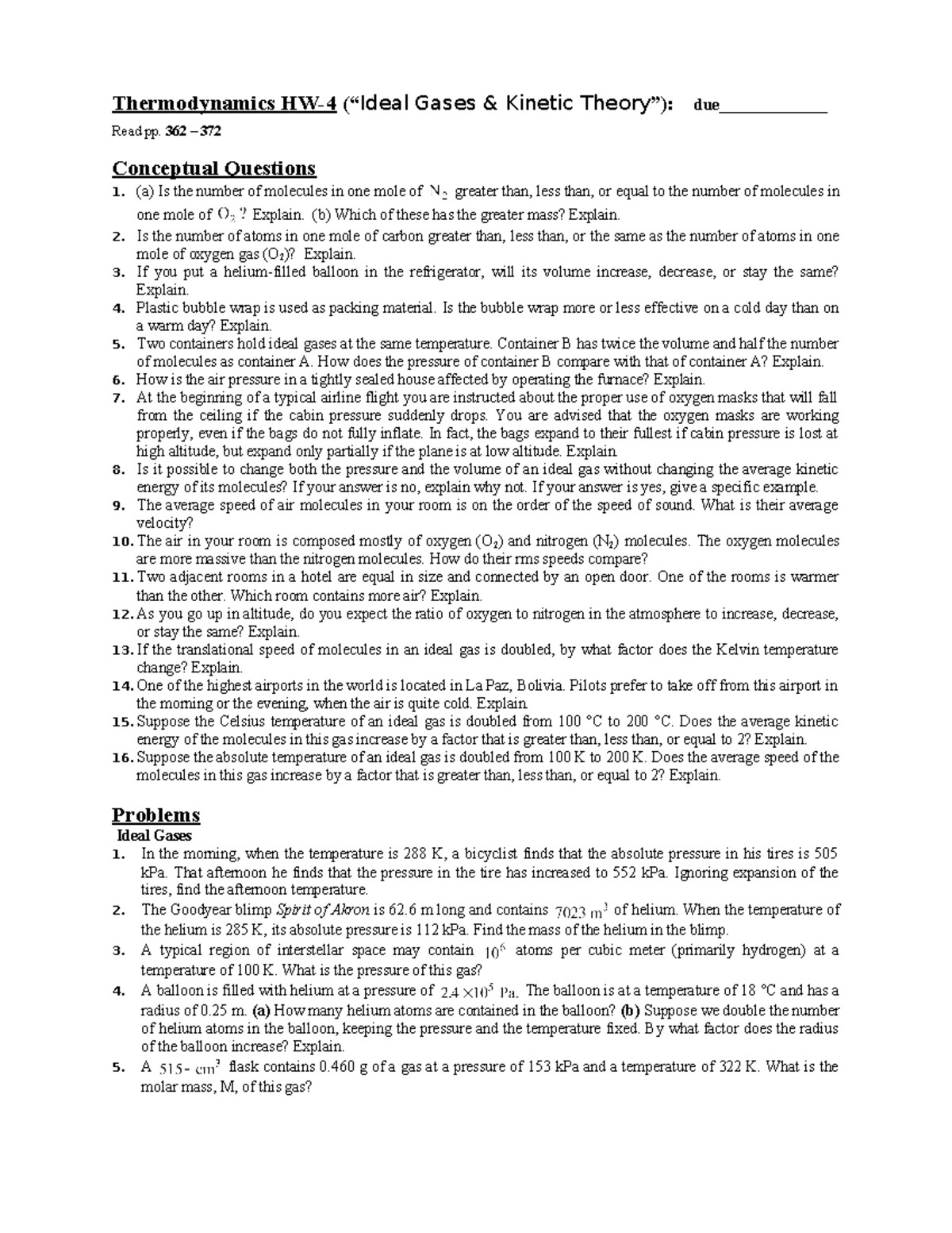 AP-2 Thermodynamics HW-4 - Thermodynamics HW-4 (“Ideal Gases & Kinetic ...