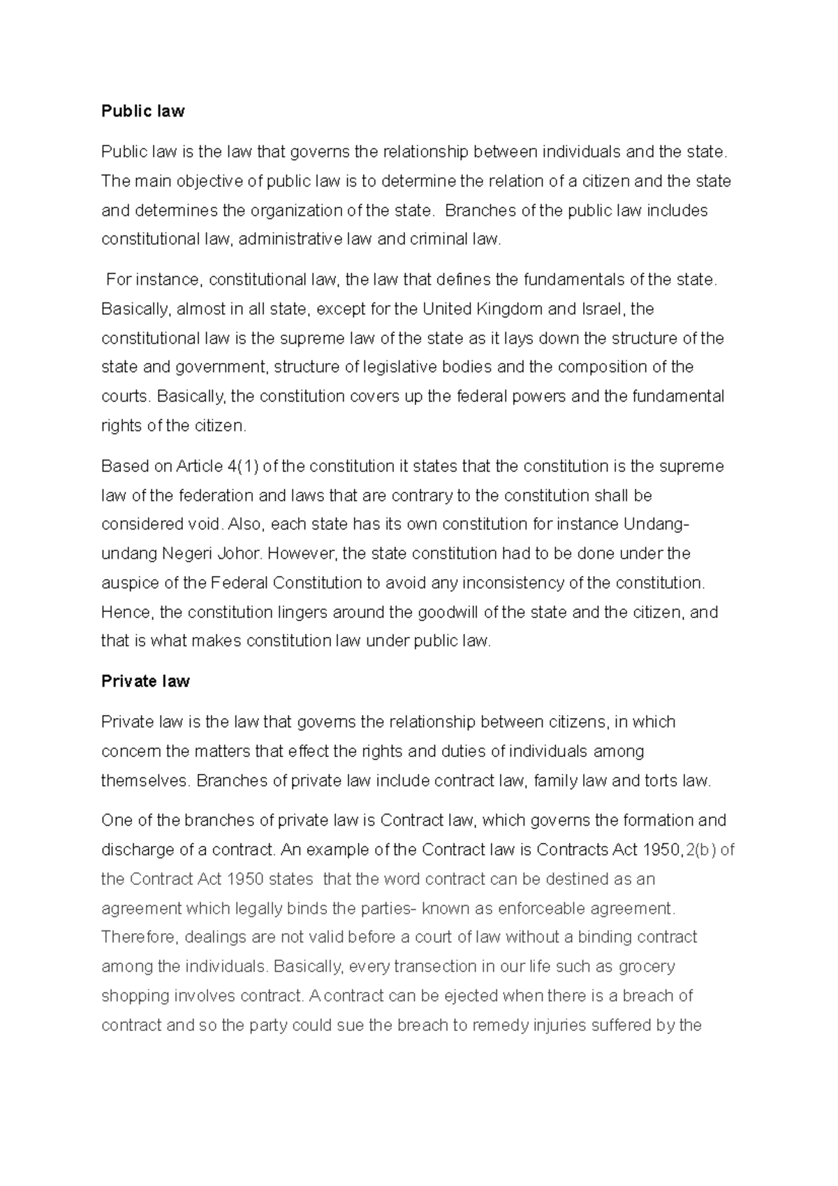 Gpol topic 1 outline - classification of law - Public law Public law is ...