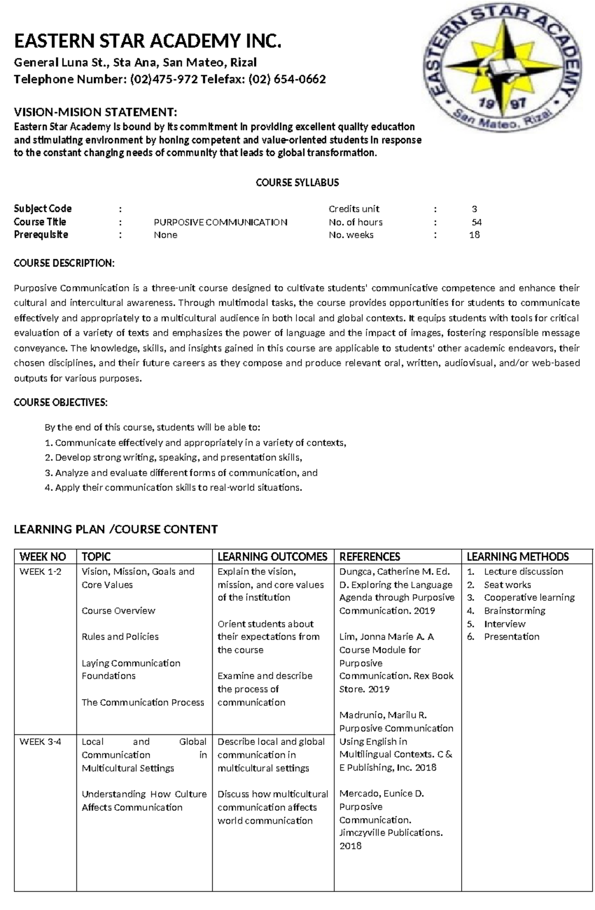 Purposive Communication Syllabus - EASTERN STAR ACADEMY INC. General ...