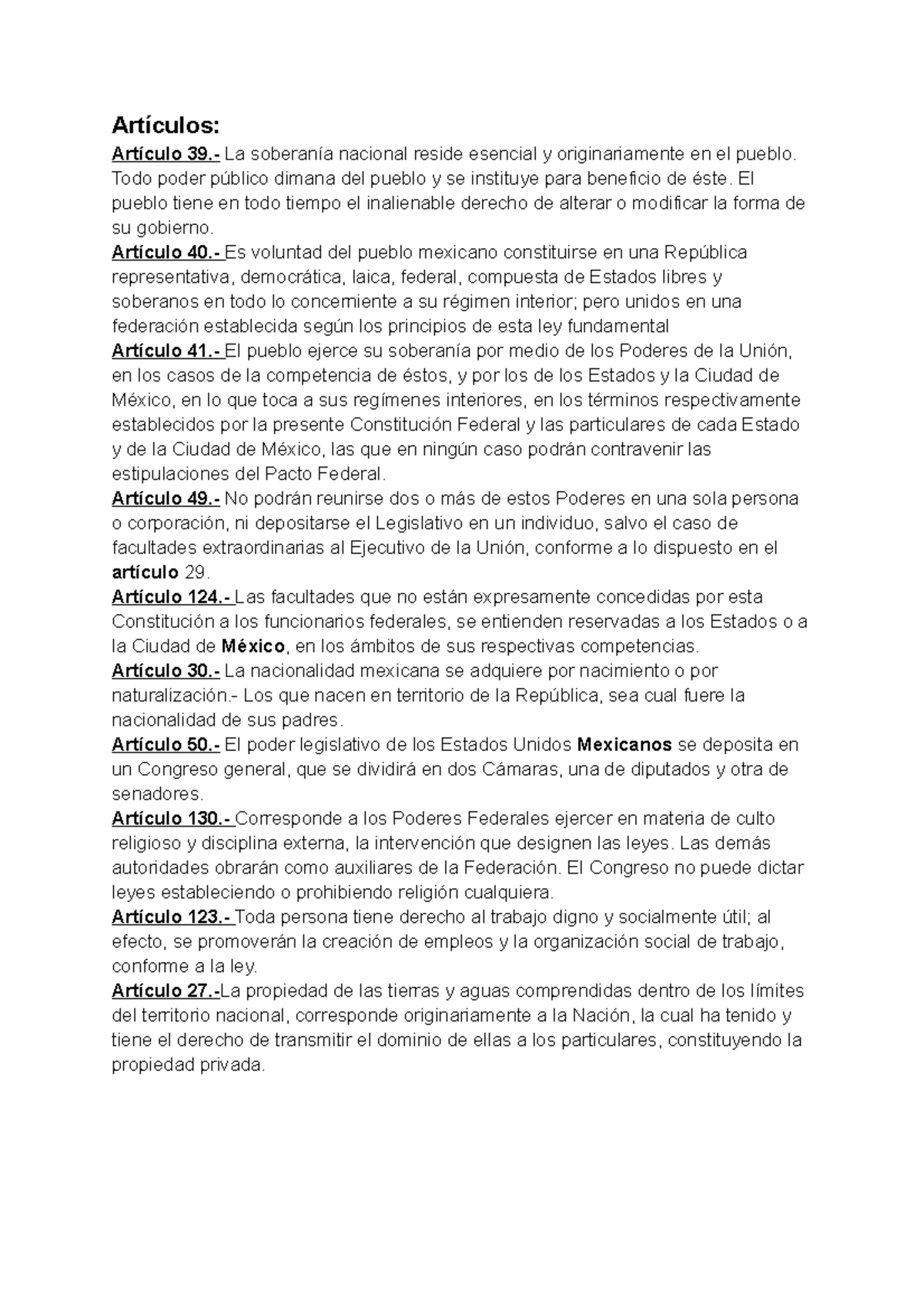 Mexico Siglo XIX;Actividad 2 - Artículos: Artículo 39.- La soberanía ...
