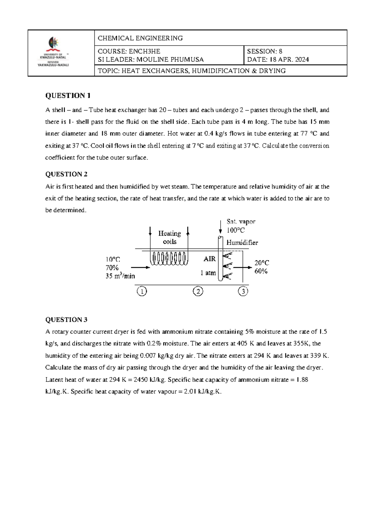 Worksheet 8 - Practice Questions - QUESTION 1 A shell – and – Tube heat ...