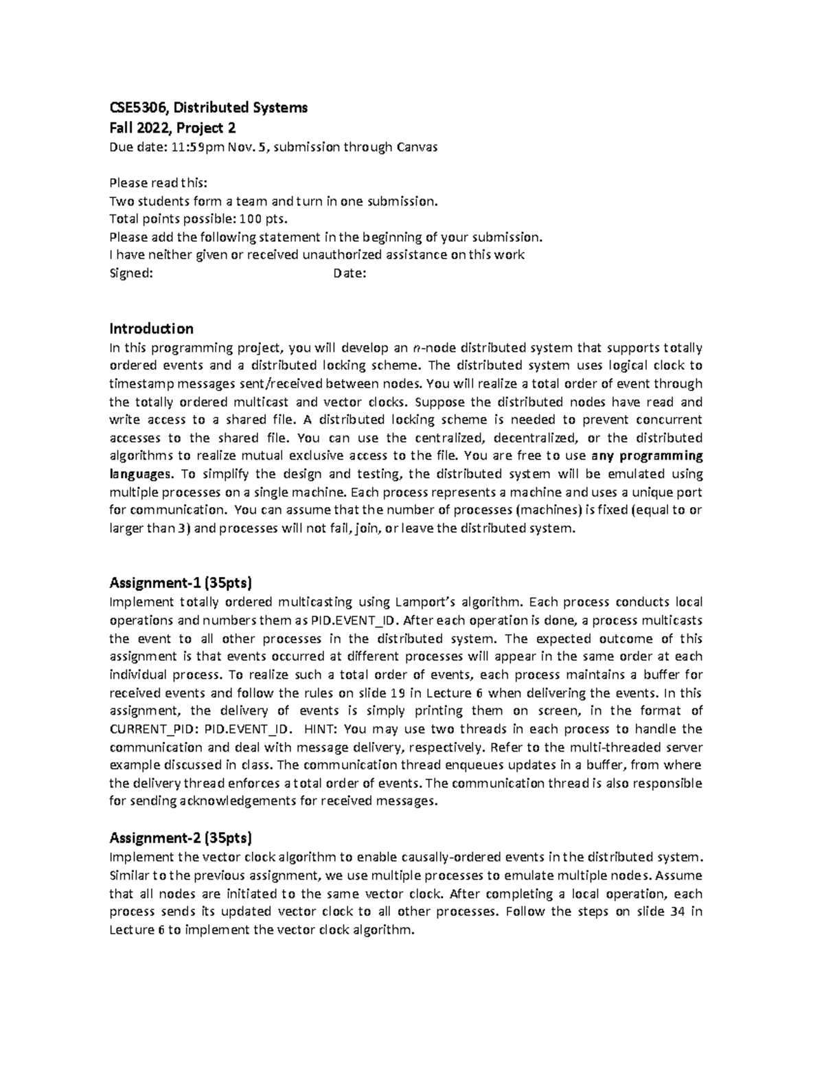Project-2 - Distributed systems - CSE5306, Distributed Systems Fall 2022, Project 2 Due date ...