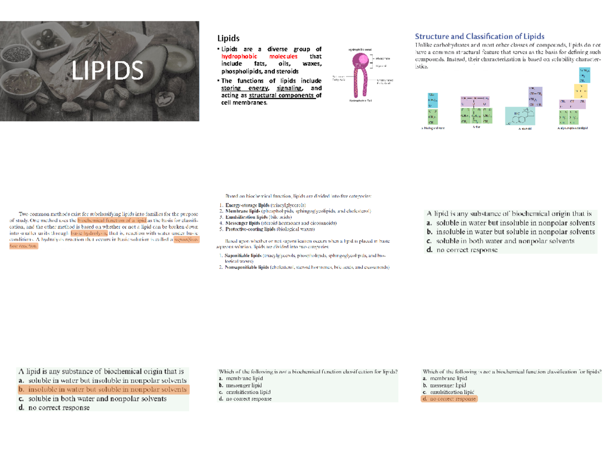 Lipidsreadytoprint - Lipids notes - LIPIDS Lipids Lipids are a diverse ...