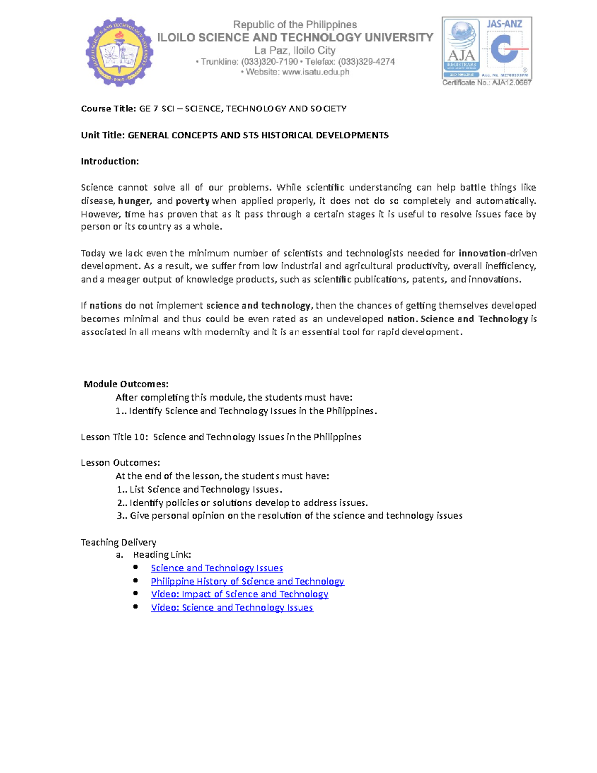 Lesson 10 - Science Technology and Society - Course Title: GE 7 SCI ...