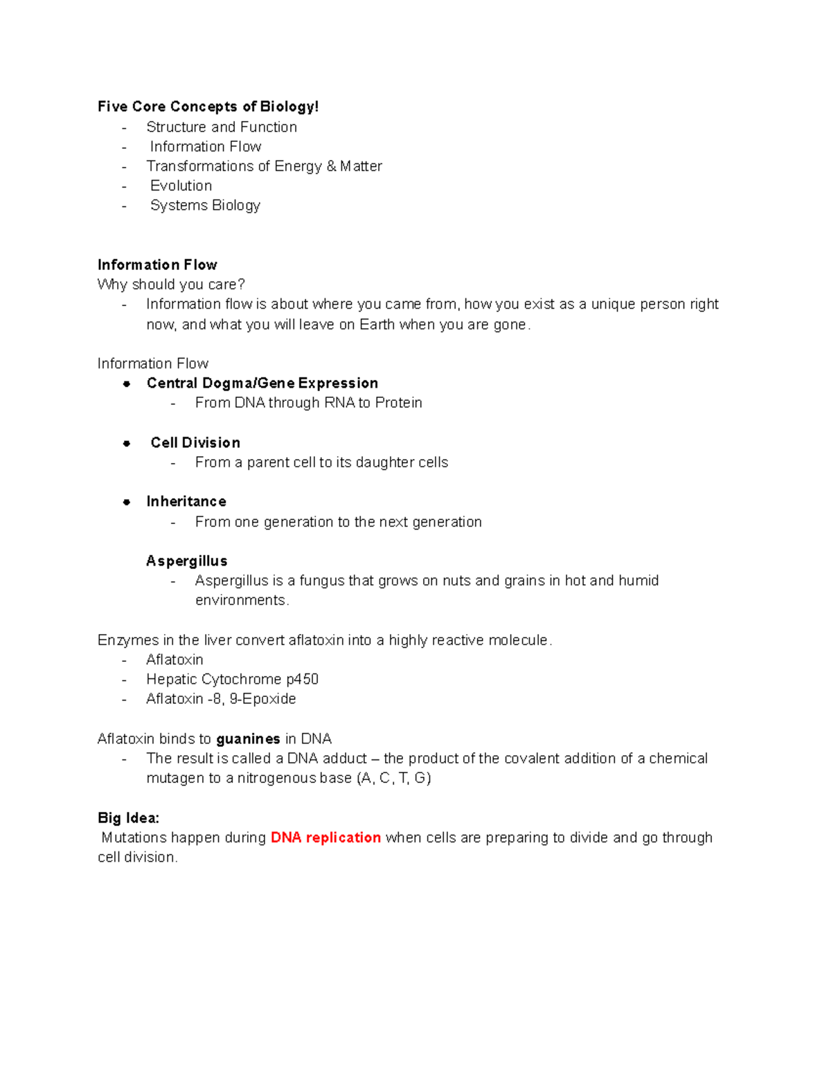BIO 230 Lecture Notes - Five Core Concepts of Biology! - Structure and ...