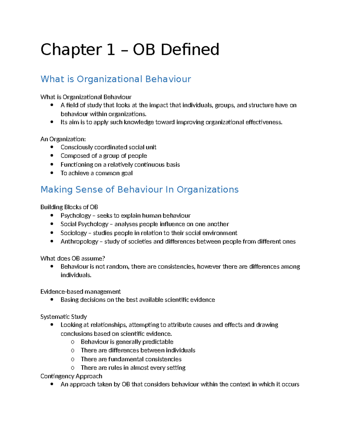 Organization Behaviour Mid Term Notes - Chapter 1 – OB Defined What is ...