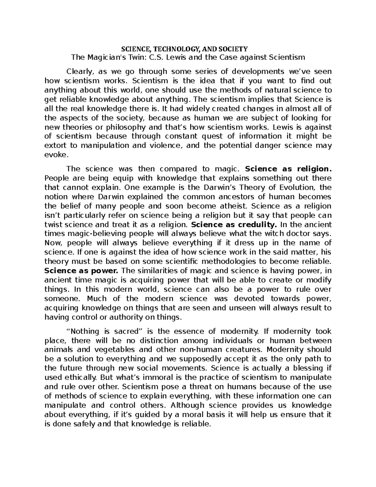 STS Science vs. Magic - Lecture notes 5 - Science, Technology, and ...