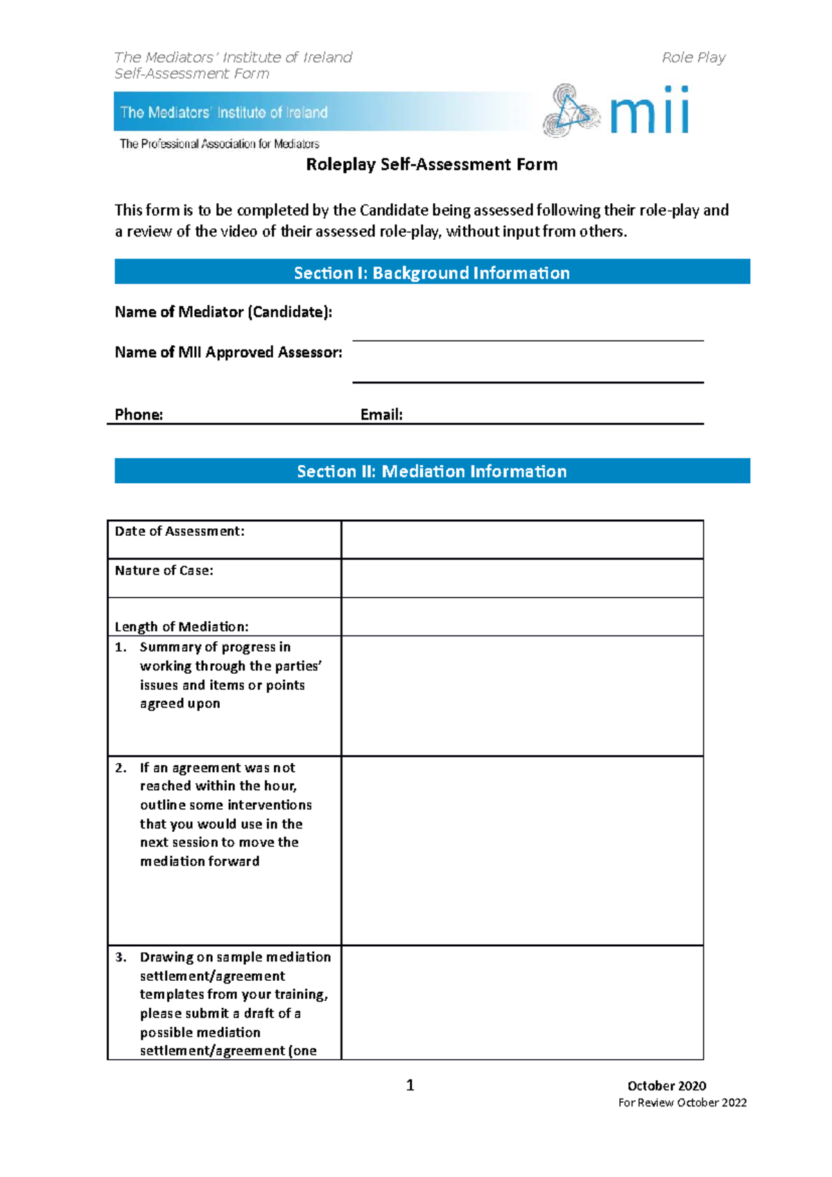 Role Play Self Assessment Form - Self-Assessment Form Roleplay Self ...