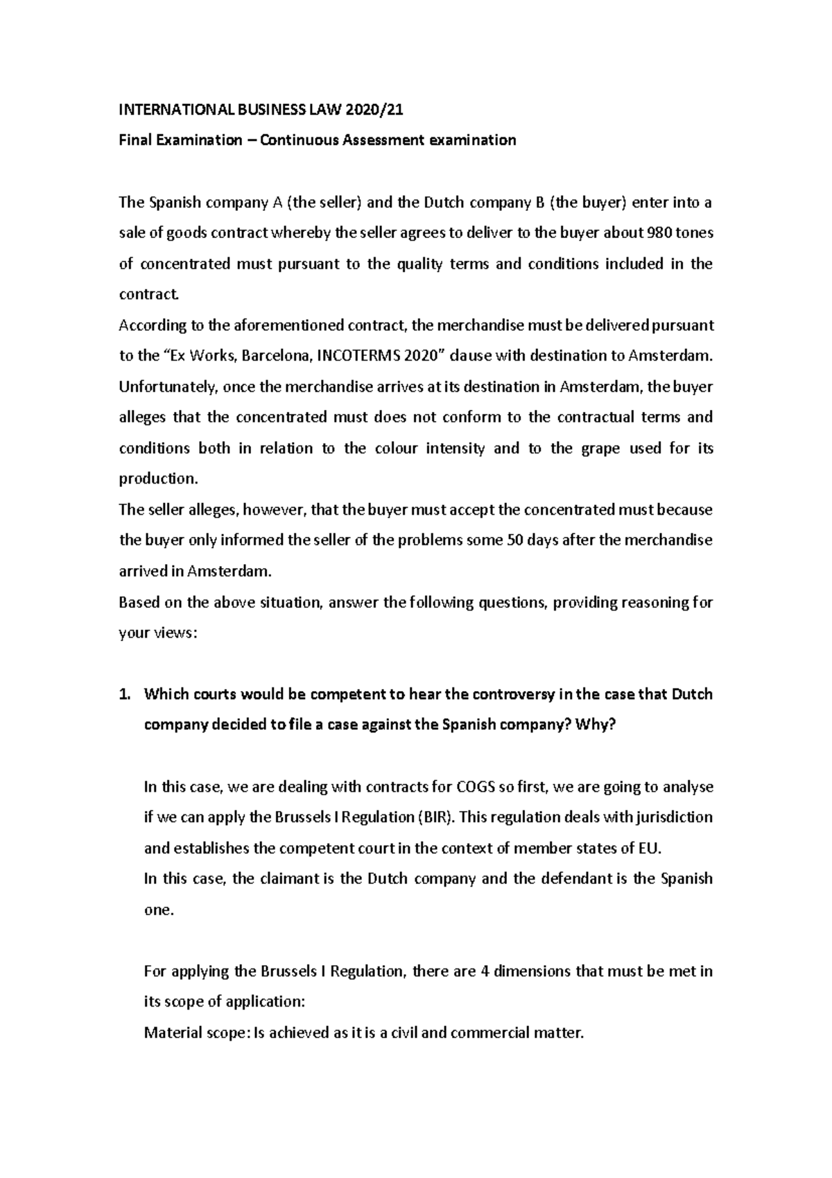 Final Examination - International Business LAW - INTERNATIONAL BUSINESS ...