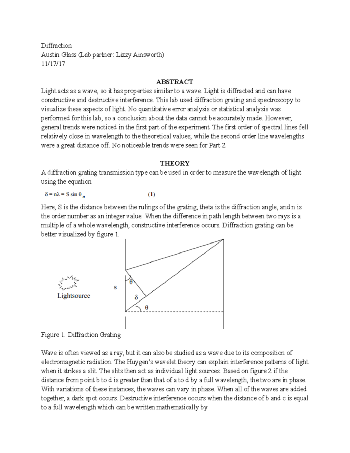 Diffraction Lab - Grade: A - Diffraction Austin Glass (Lab partner ...
