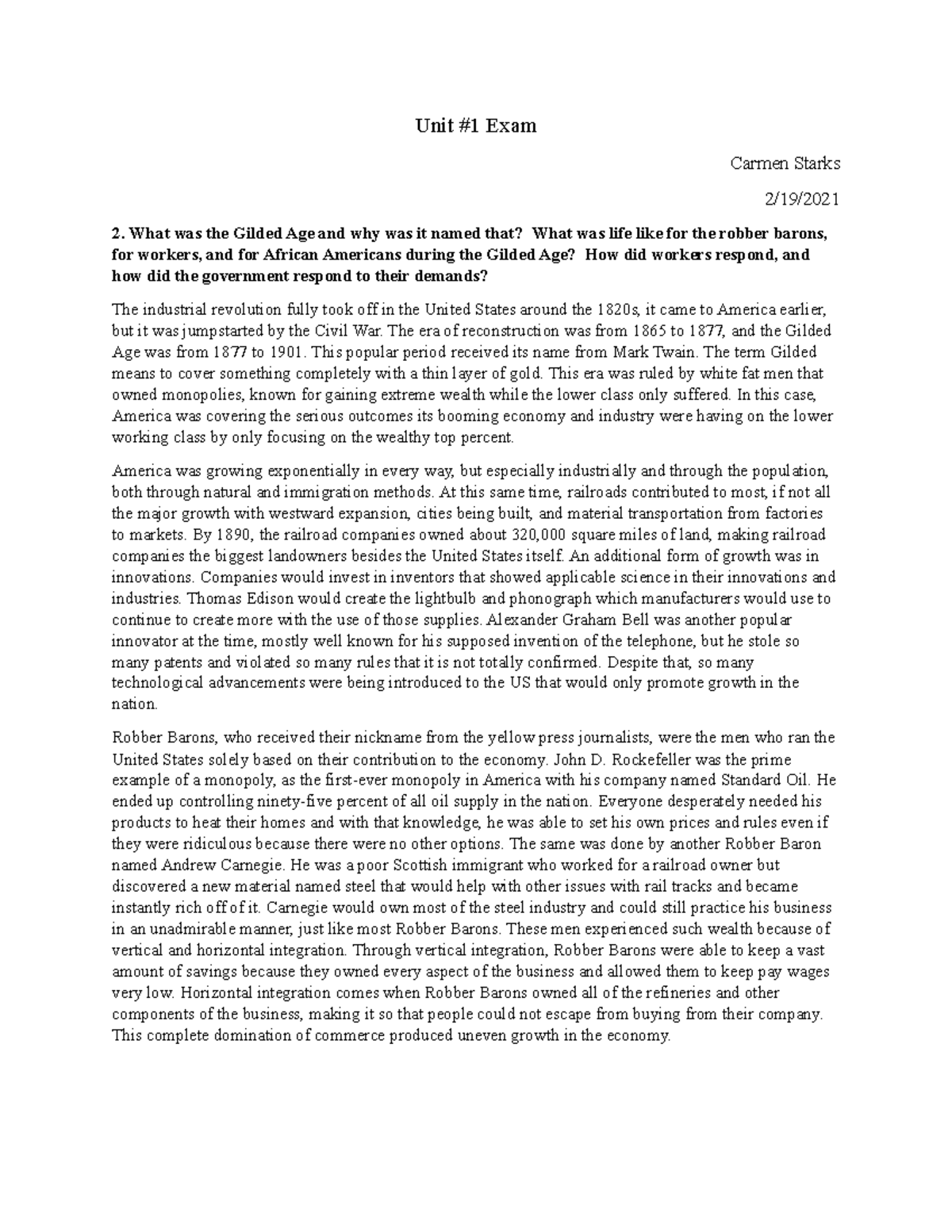Exam #1 - Exam #1 Essays - Unit #1 Exam Carmen Starks 2/19/ What was ...