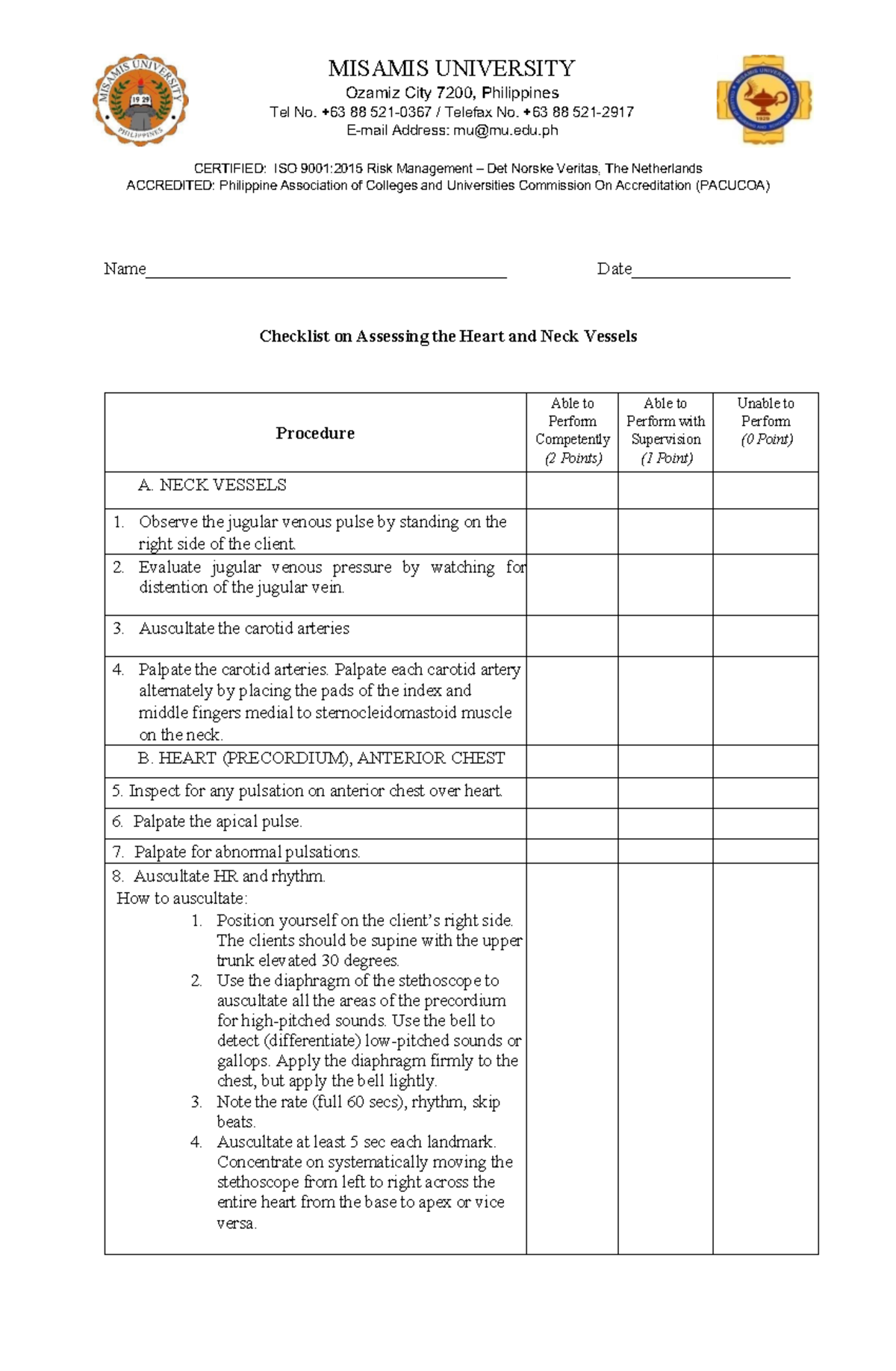 Checklist on Heart and Neck Vessels Assessment 2 - MISAMIS UNIVERSITY ...