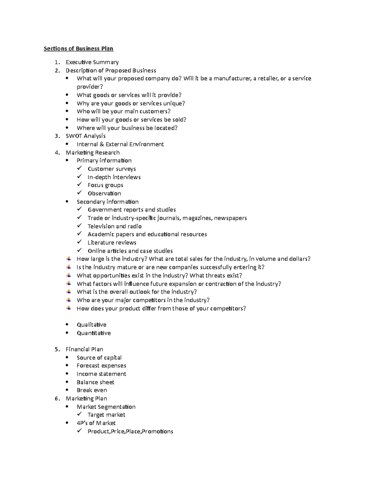 Business Plan-Outline - Sections of Business Plan Executive Summary ...