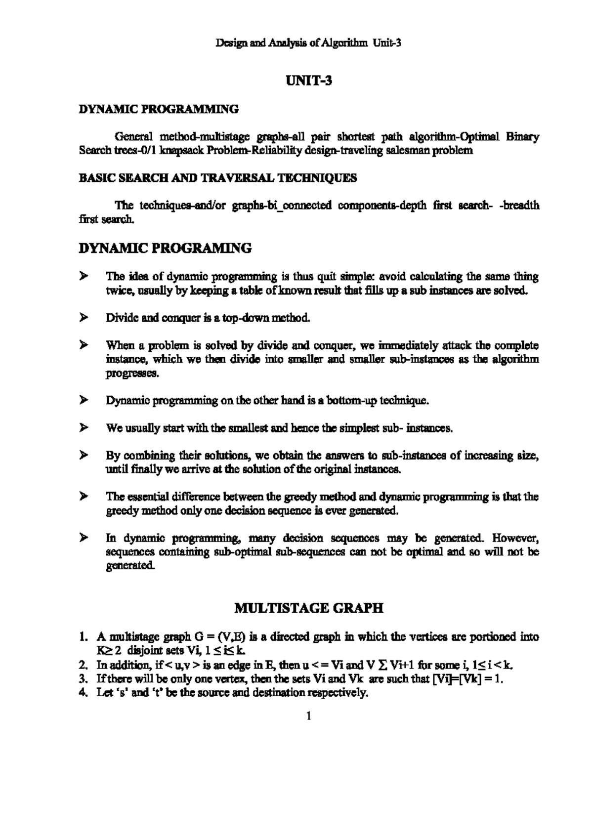 Daa dyna - NOTES - Design and Analysis of Algorithm DYNAMIC PROGRAMMING ...