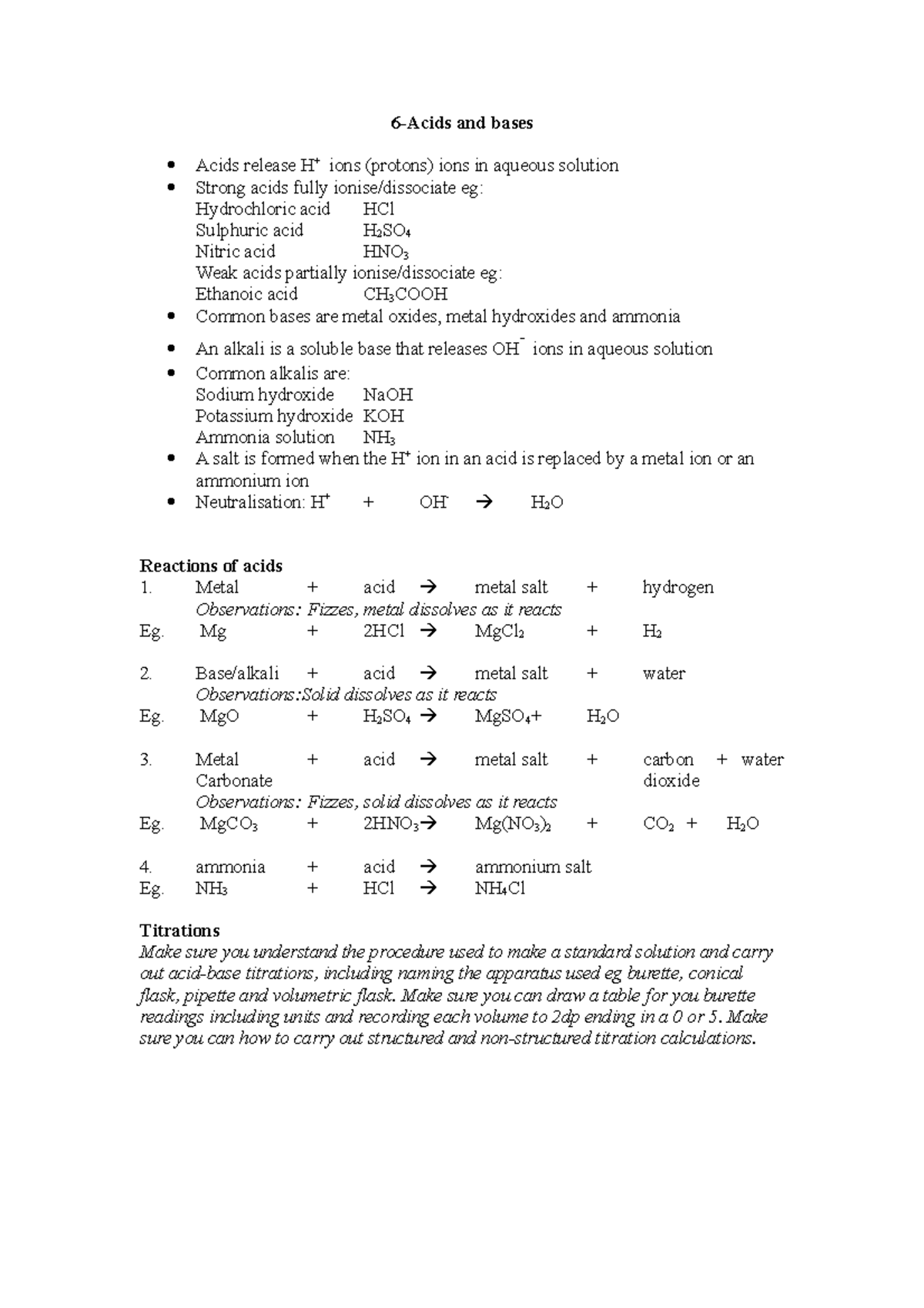 Acids and bases summary sheet - 6-Acids and bases Acids release H+ ions (protons) ions in ...