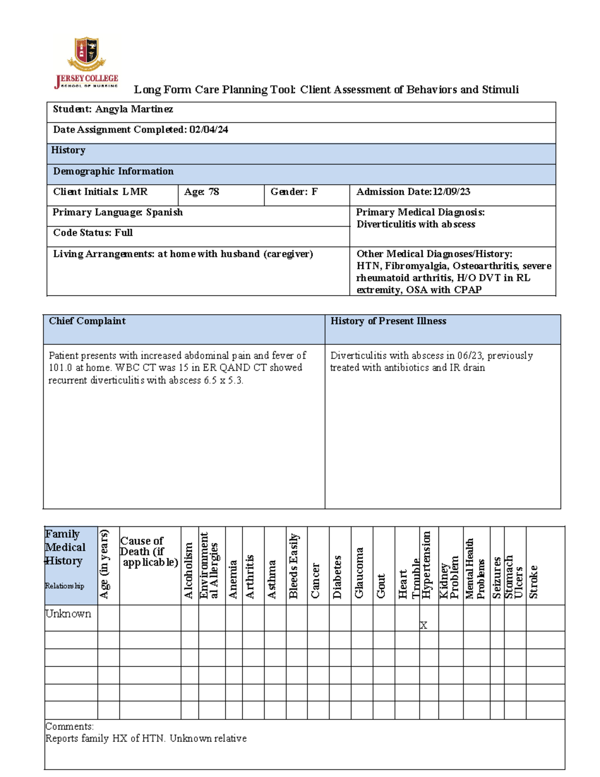 Geriatrics Care Plan - Long Form Care Planning Tool: Client Assessment ...