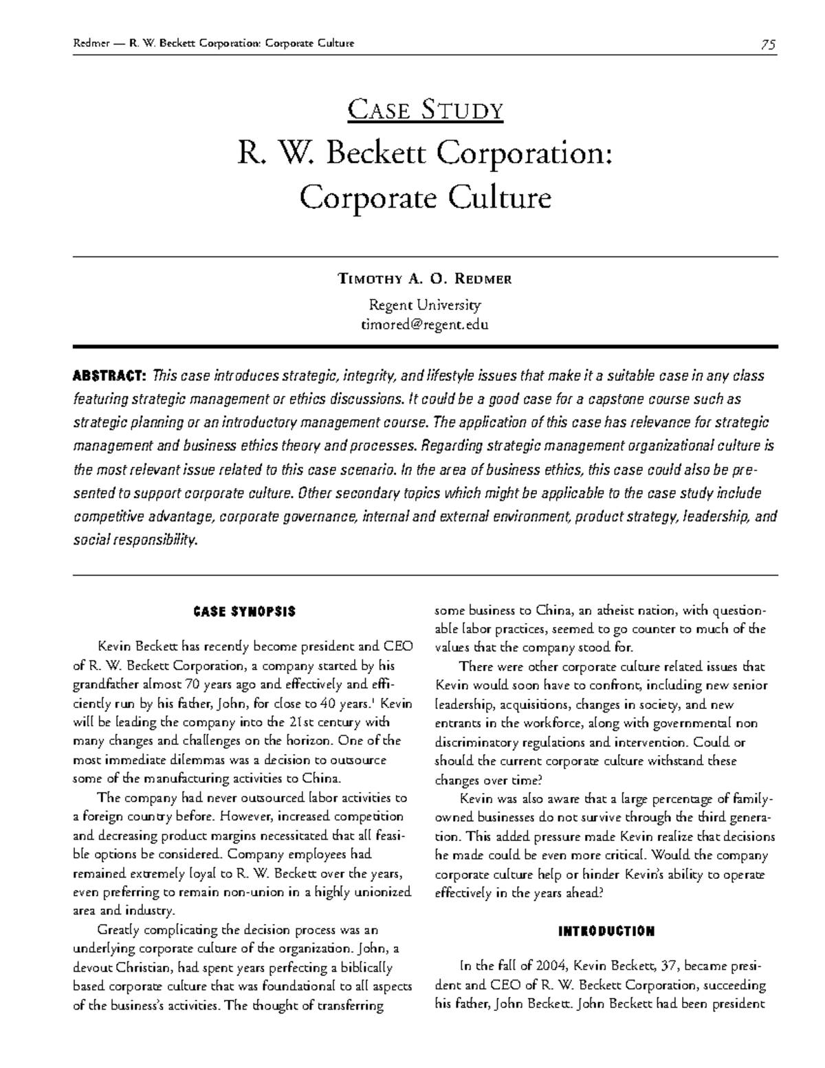 R. W. Beckett Corporation Case - Redmer — R. W. Beckett Corporation ...