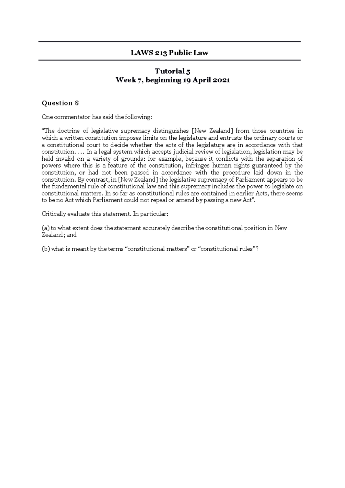 Tutorial 5 - 19 April - LAWS 213 Public Law Tutorial 5 Week 7 ...