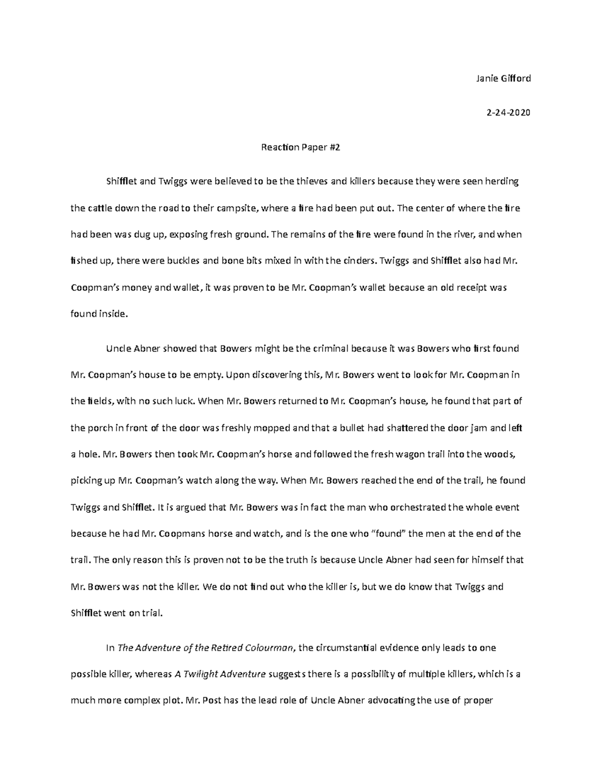 Reaction Paper #2 - Grade: A - Janie Giford 2-24- Reacion Paper ...